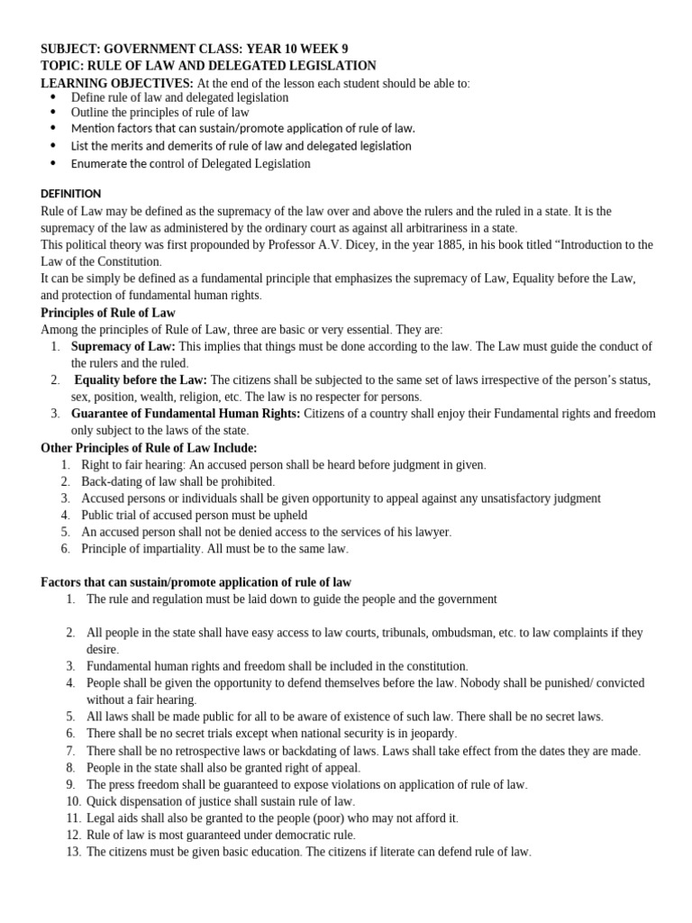 Government Ss1 Note Week 9 | PDF | Rule Of Law | Legislature