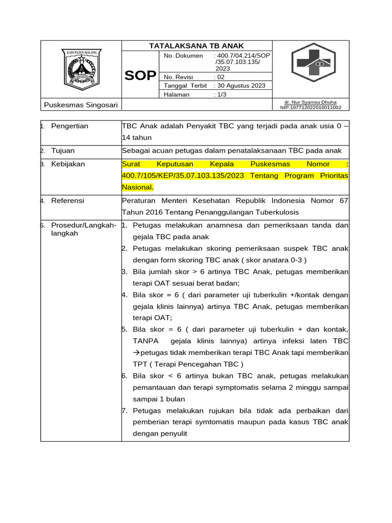 Sop Tatalaksana TB Anak Revisi | PDF