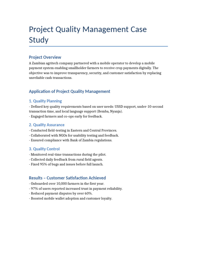 Project Quality Management Case Study Zambia | PDF