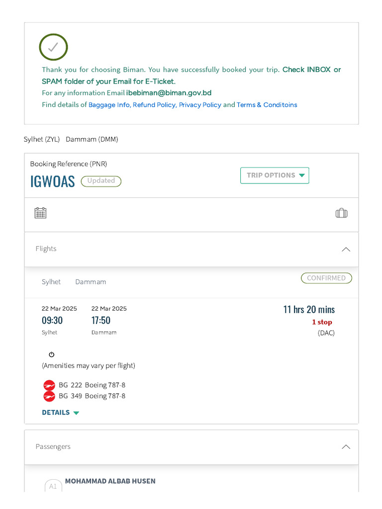 Biman Bangladesh Airlines - Itinerary Review | PDF