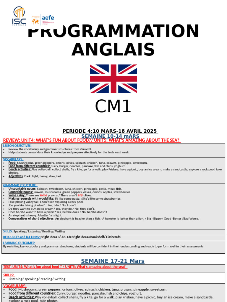 Programmation Anglais Cm1 p4 | PDF | Vocabulary | Linguistics