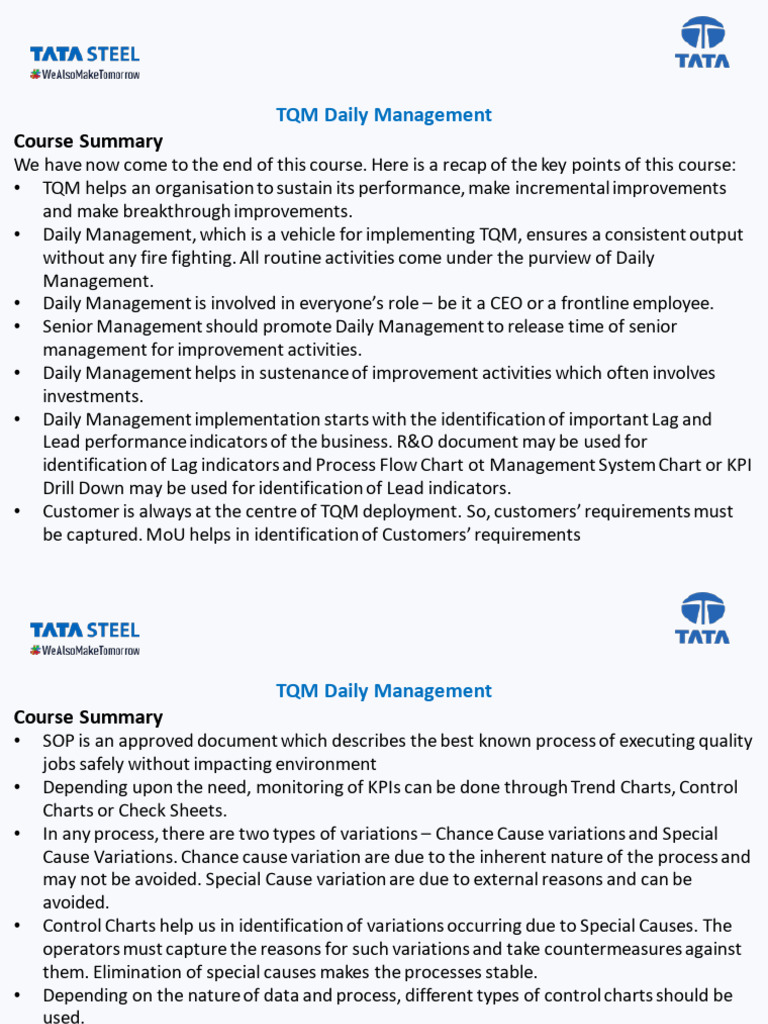TQM Daily Management Course Overview | PDF | Business