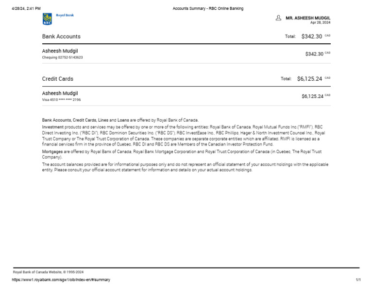Accounts Summary - RBC Online Banking | PDF | Banks | Private Sector