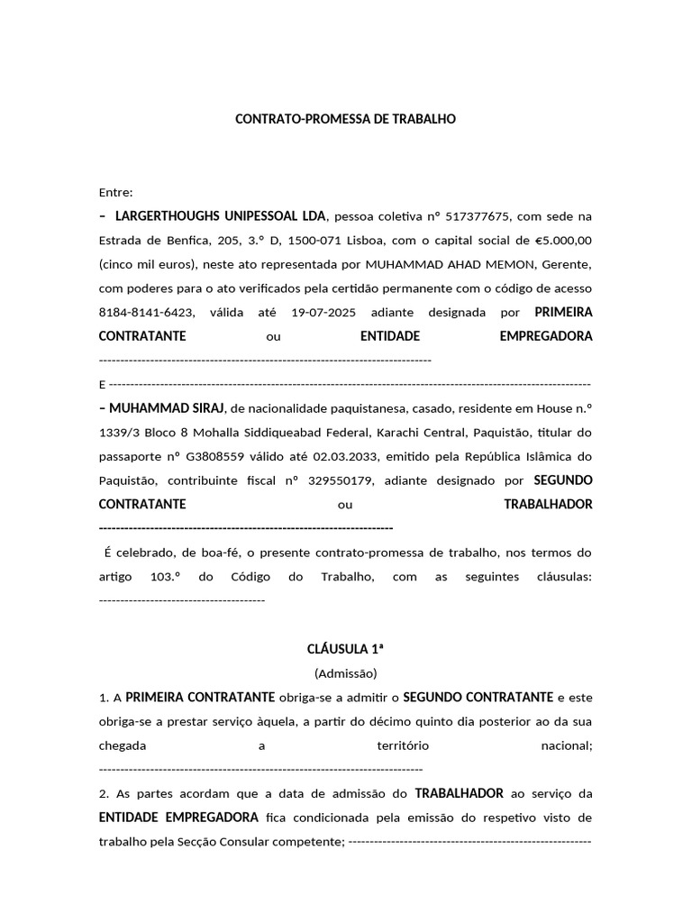 Contrato Promessa de Trabalho MUHAMMAD SIRAJ | PDF | Férias trabalhistas