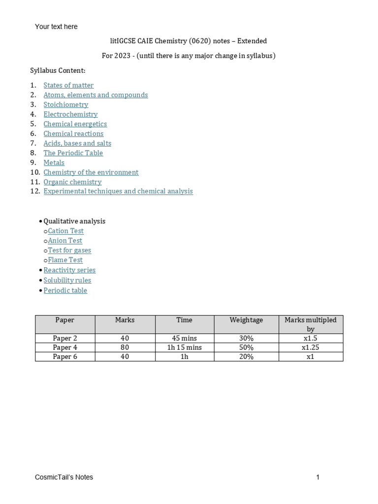CosmicTail's IGCSE CAIE Chemistry (0620) - Notes | PDF | Ion | Chemical ...