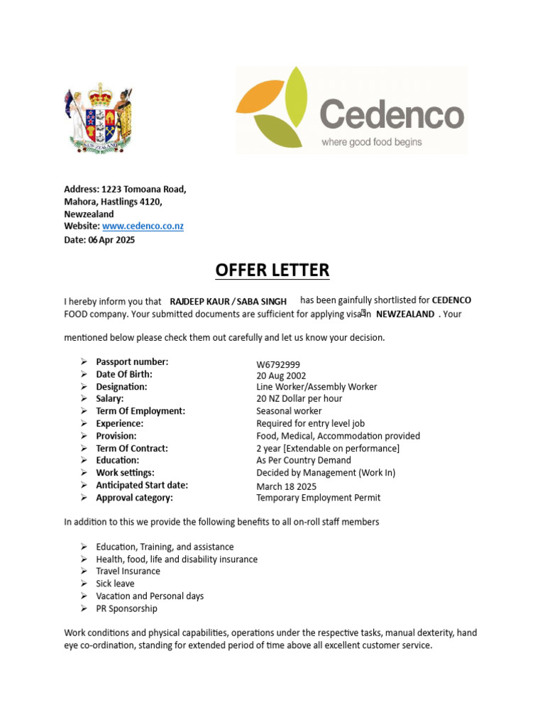 New Zealand Offer Letter | PDF | Travel Visa | Employment