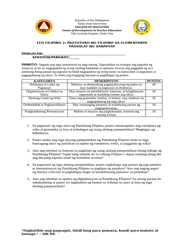 Eed Fil 2 Sanaysay | PDF