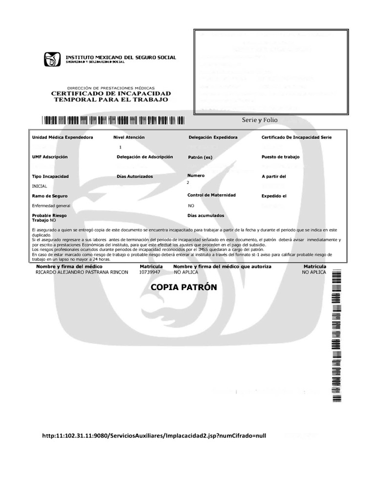 Certificado de Incapacidad Temporal IMSS | PDF