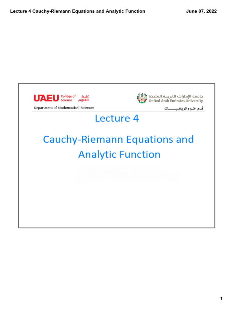 Lecture 4 Cauchy-Riemann Equations and Analytic Function(2) | PDF | Function (Mathematics ...