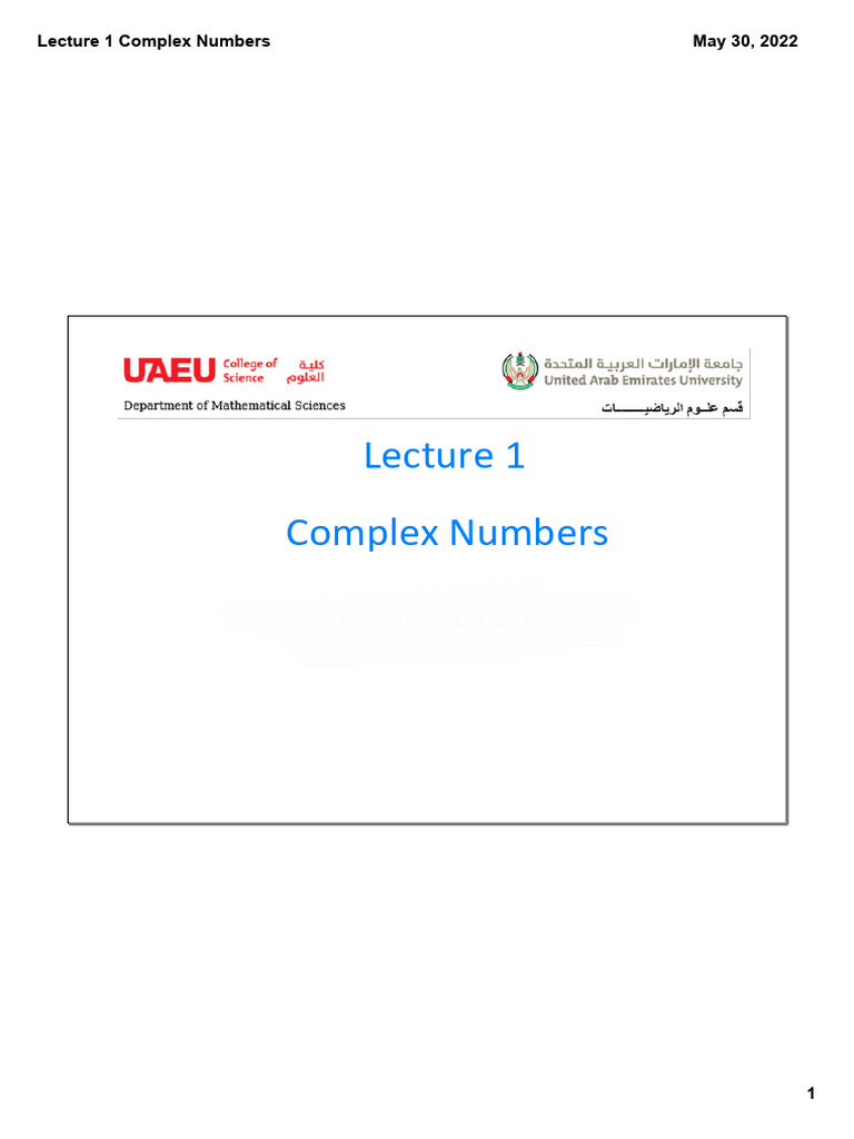 Lecture 1 Complex Numbers | PDF | Complex Number | Circle