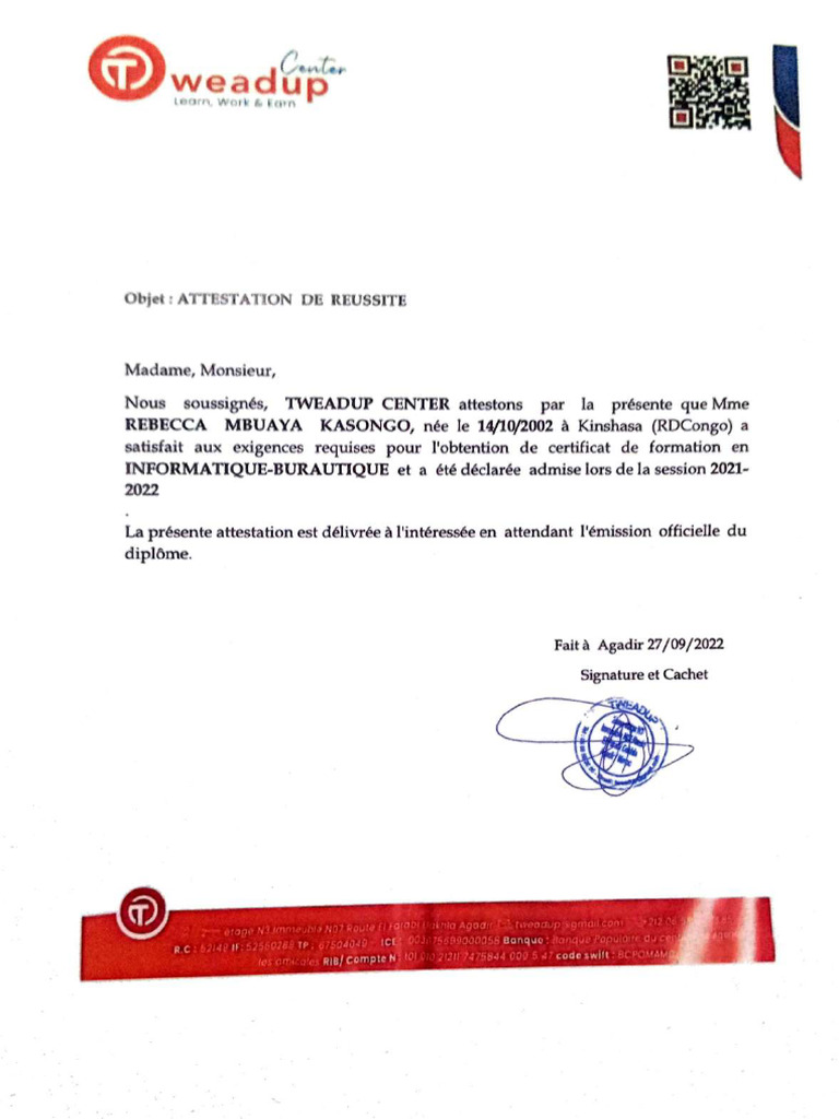 Attestation de réussite Formation informatique Weadup - Agadir | PDF