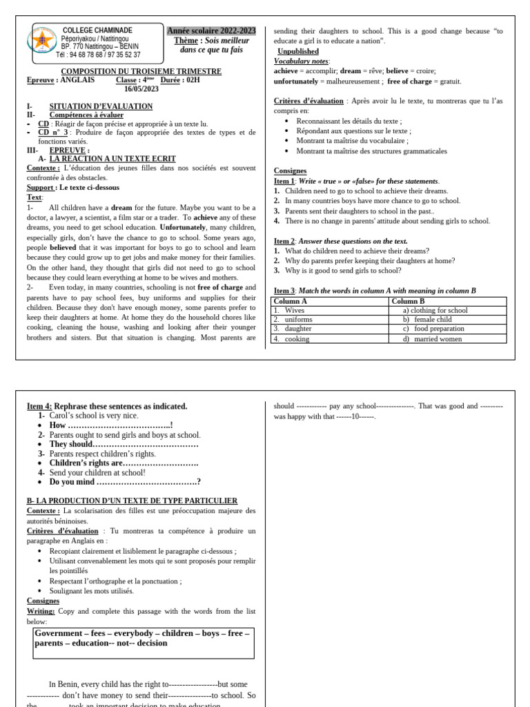 Compo Anglais 4e Girls' Education | PDF | Human Development | Human Life Stages