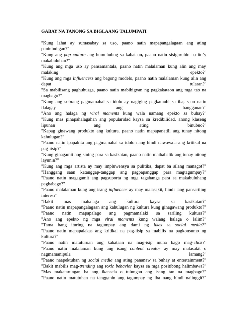 Gabay Na Tanong Sa Biglaang Talumpati | PDF