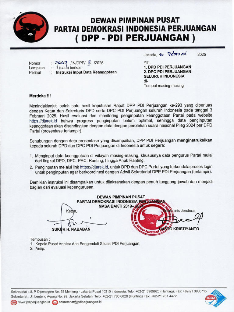 SURAT INTERNAL NO. 7267 - INSTRUKSI INPUT DATA KEANGGOTAAN PARTAI (DPD DAN DPC SE INDONESIA) | PDF