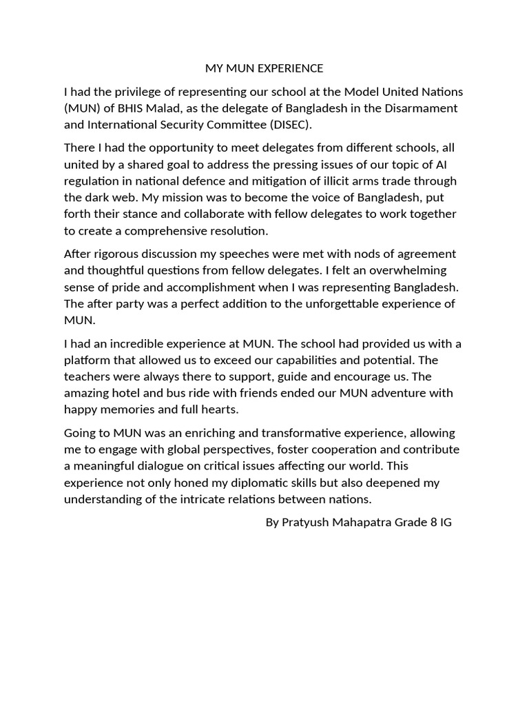 My MUN Experience by Pratyush Mahapatra | PDF