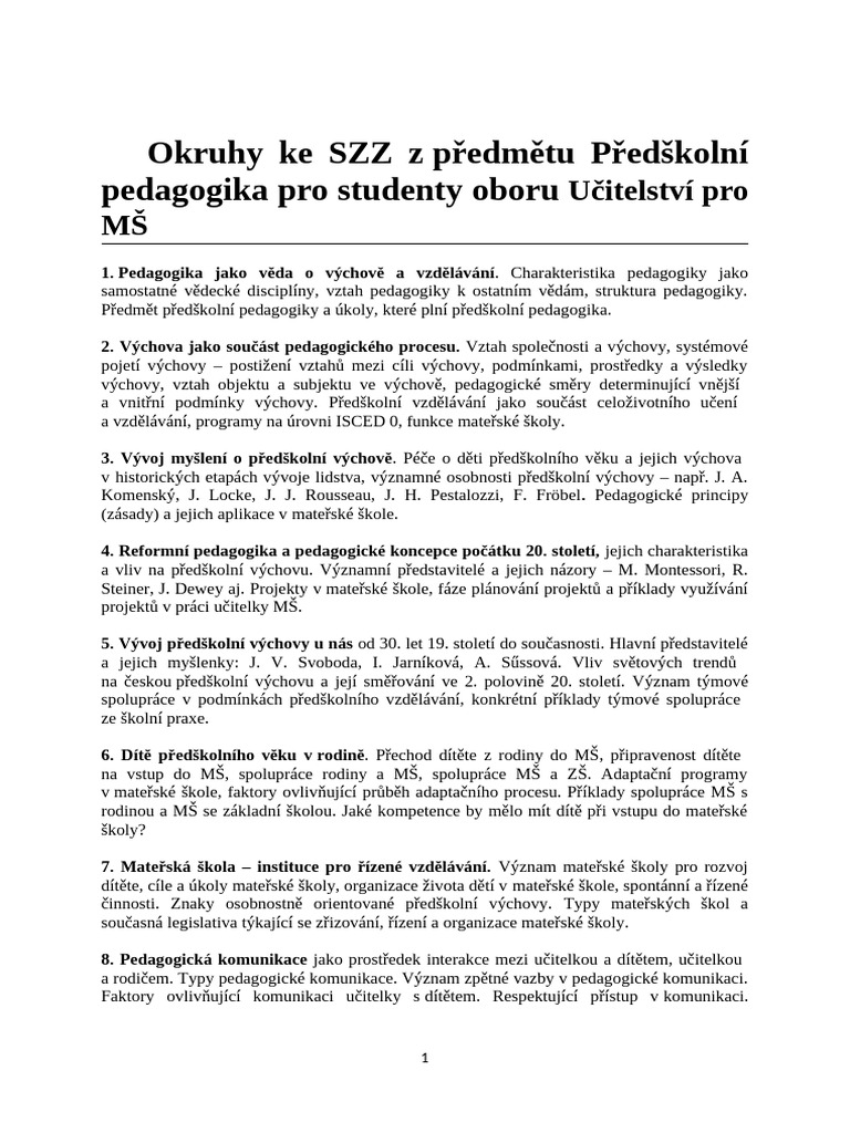 Okruhy K SZZ Z Predskolni Pedagogiky 2018 | PDF