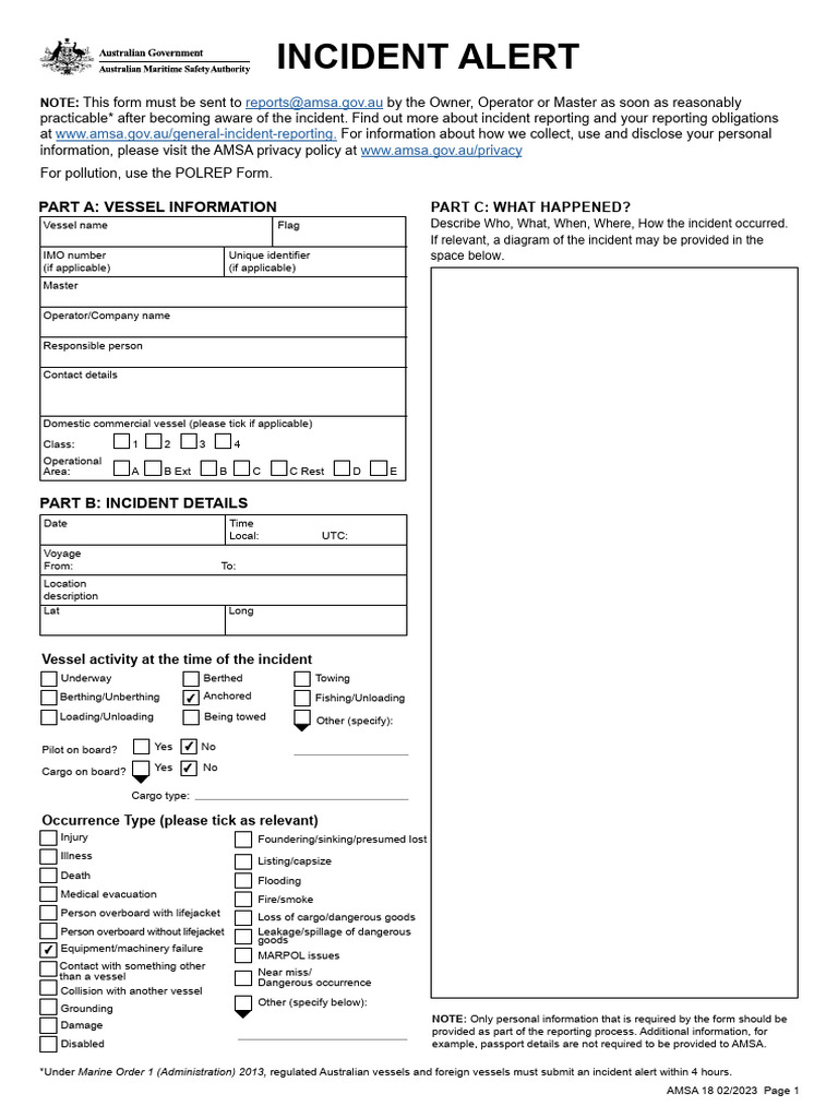 AMSA Form 18 Incident Reporting Guide | PDF | Water Transport | Ships