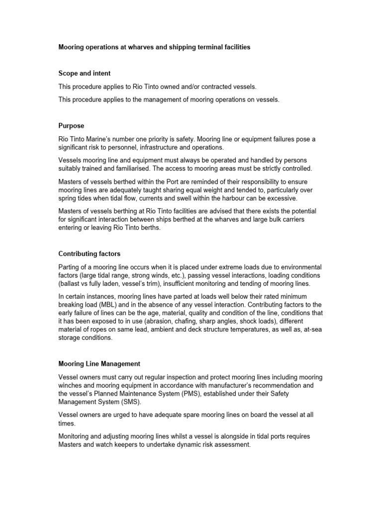 Mooring Operations Procedure - Cape Cuvier | PDF | Shipping | Water ...