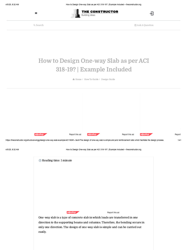 How To Design One-Way Slab As Per ACI 318-19 - Example Included | PDF ...