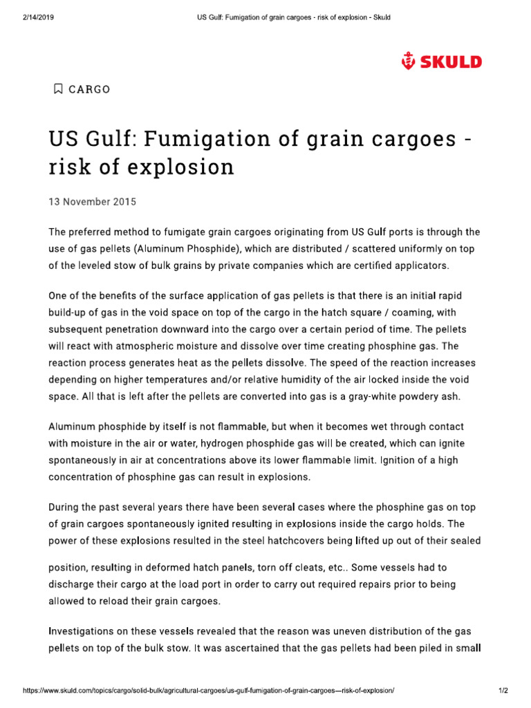 US Gulf - Fumigation of Grain Cargoes - Risk of Explosion - Skuld | PDF