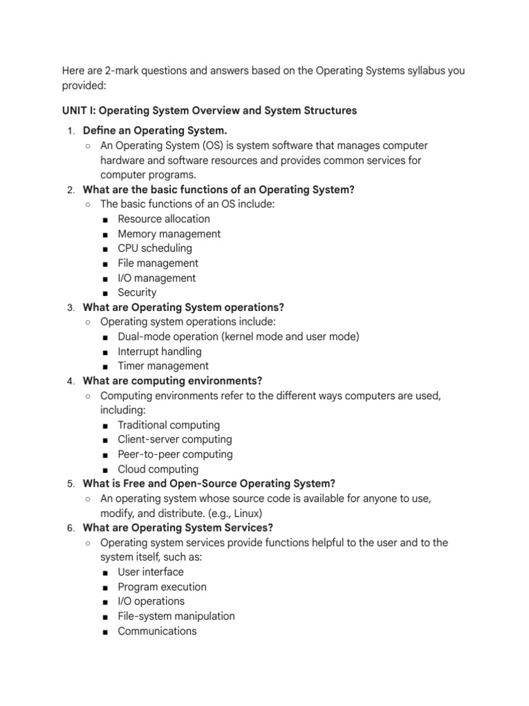 Operating Systems 2-Mark Questions and Answers - Google Docs | PDF ...