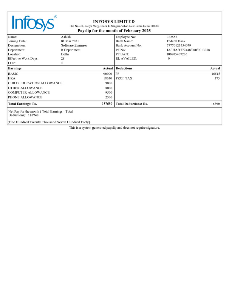 Infosys February 2025 Payslip Details | PDF