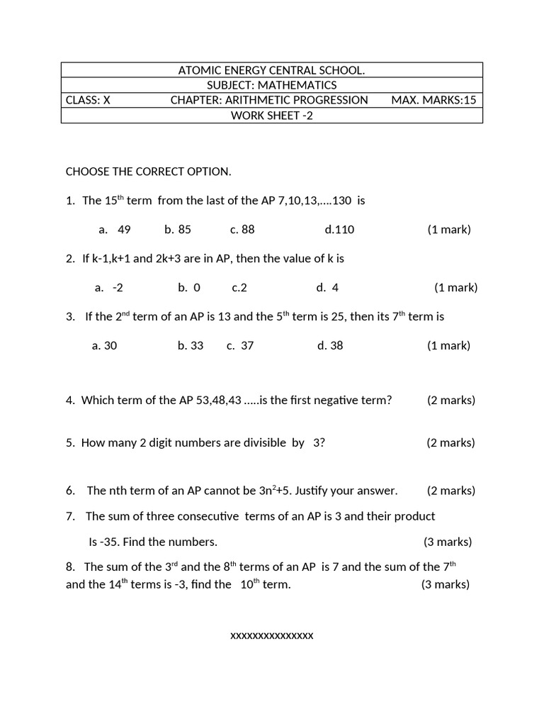 Class X Arithmetic Progression Worksheet | PDF