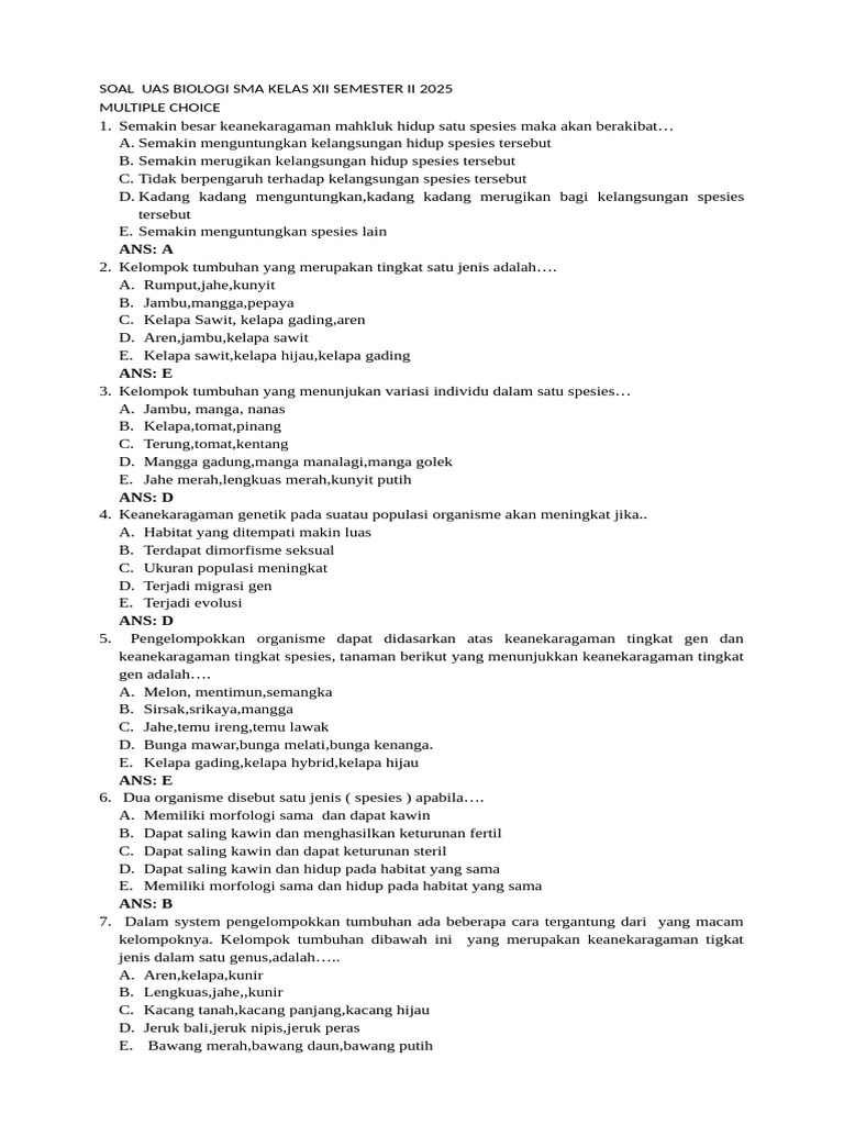 Soal Uas Biologi Kls Xii 2025 | PDF
