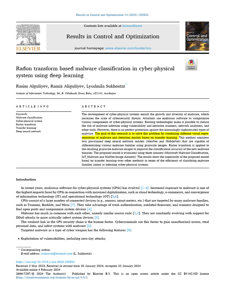 Radon Transform Based Malware Classification in Cyb 2024 Results in ...