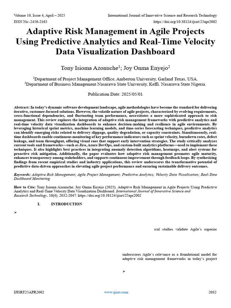Adaptive Risk Management in Agile Projects Using Predictive Analytics and Real-Time Velocity ...