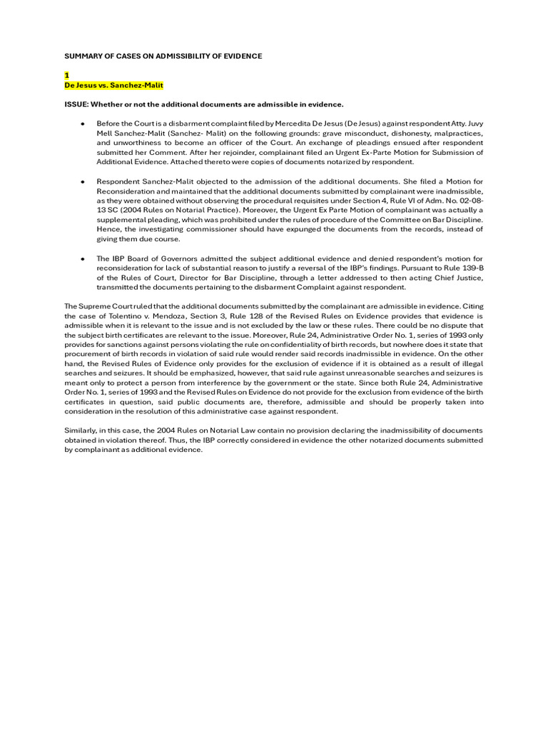 Summary of Cases On Admissibility of Evidence | PDF | Confession (Law ...