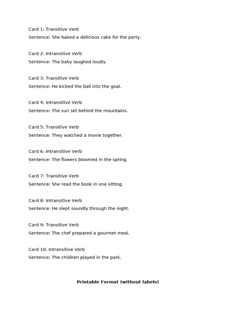A set of cards with sentences written on them, some with transitive ...