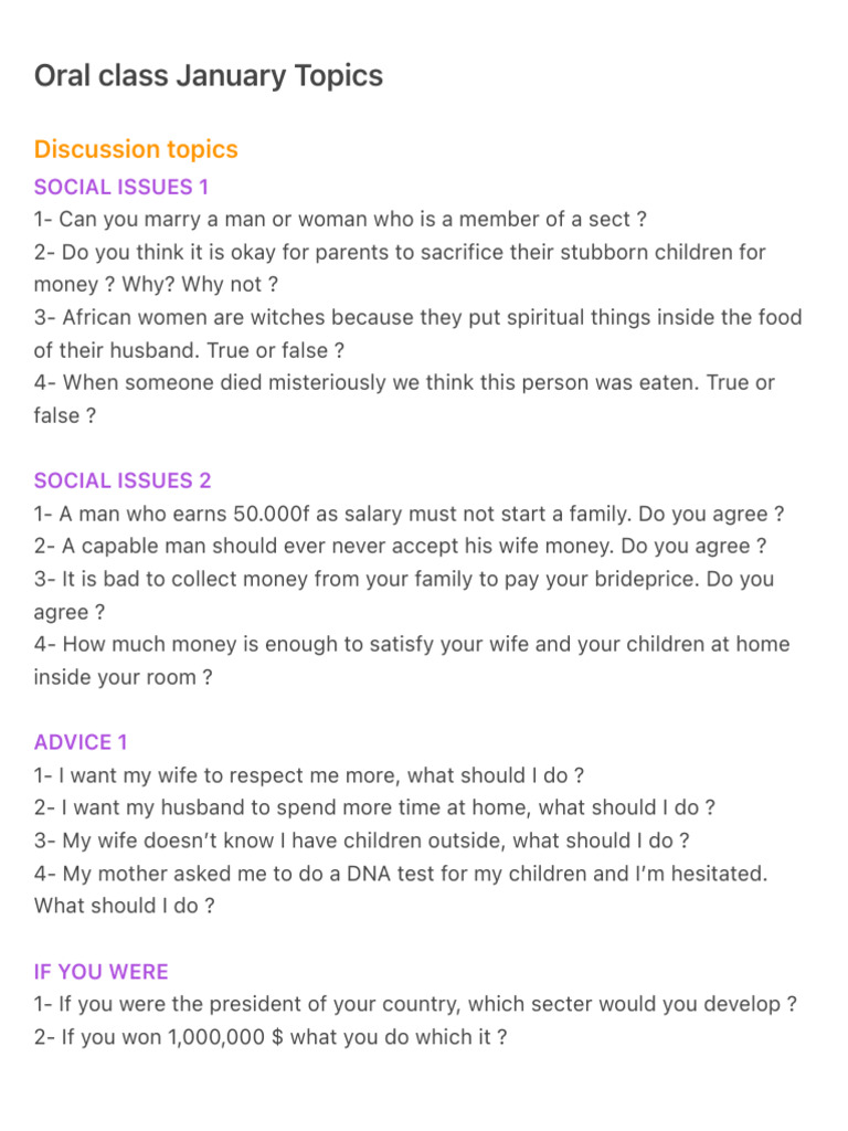 Oral Class January Topics | PDF