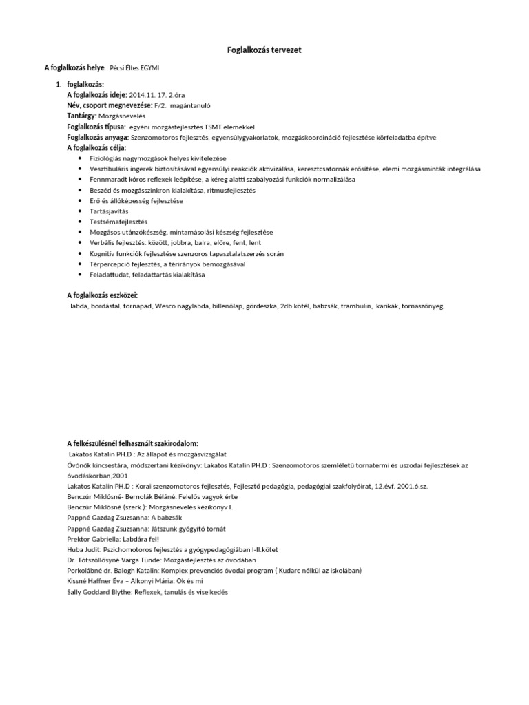 Foglalkozás Tervezet Mozgásnev - Anita | PDF