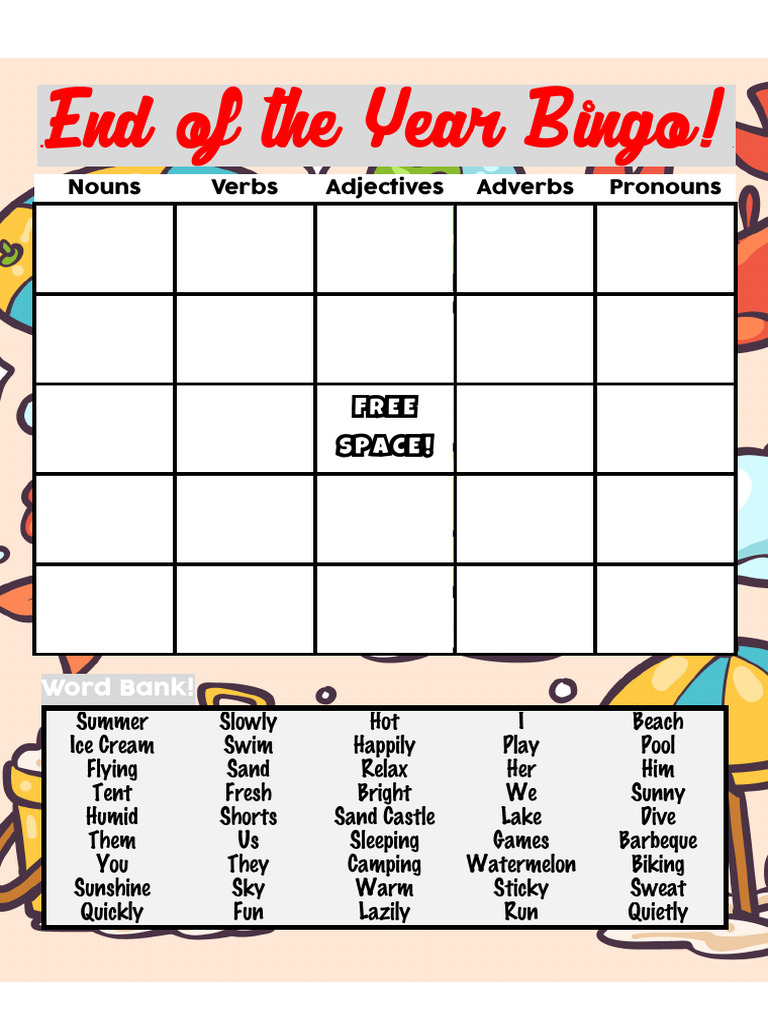 End of The Year Bingo!: Free Space! | PDF | Adverb | Adjective