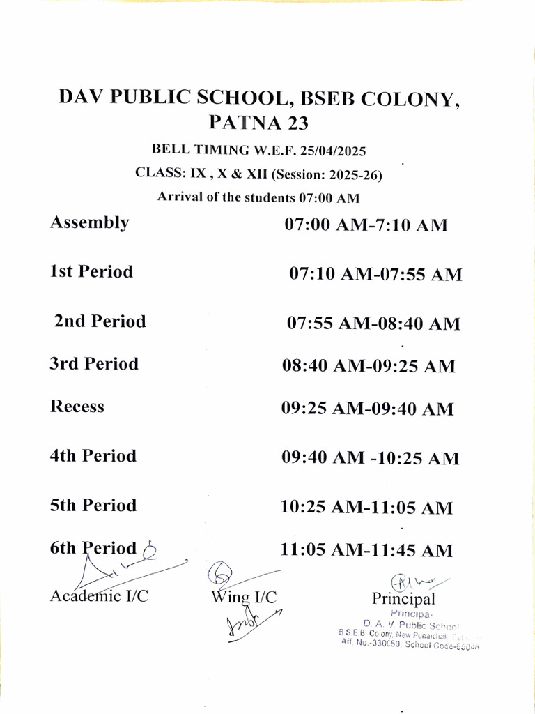 Bell Timing W.E.F 25.04.2025. (Class IX, X & XII) . | PDF