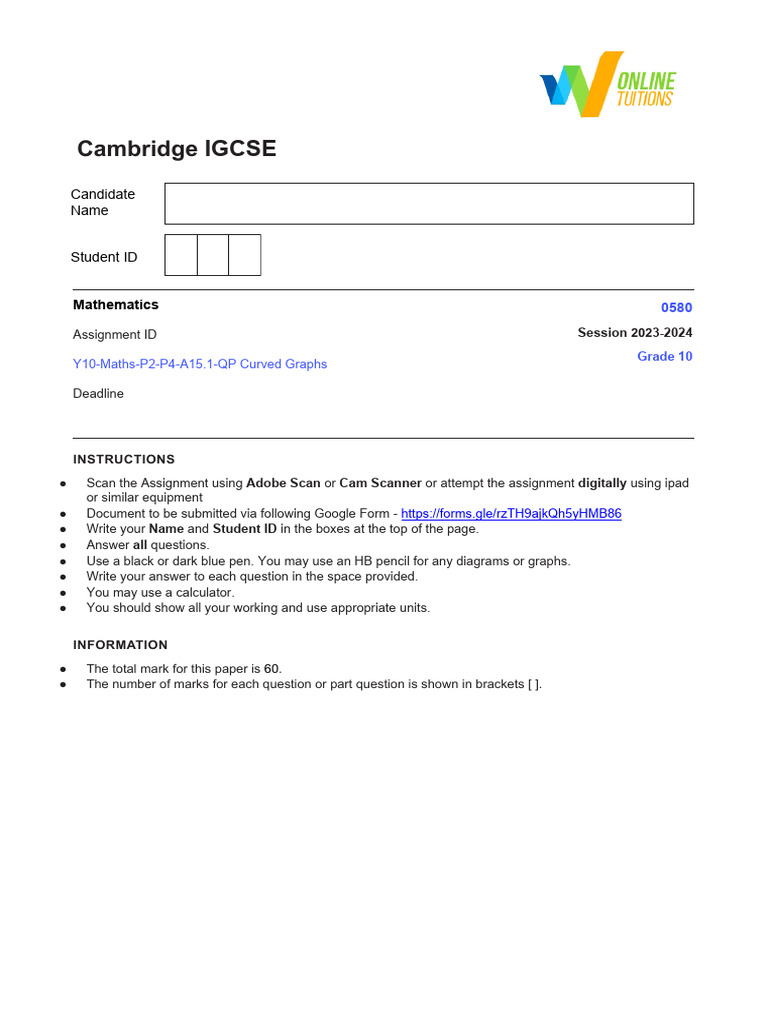 Y10-Maths-P2-P4-A15.1-QP Curved Graphs | PDF | Tangent | Slope