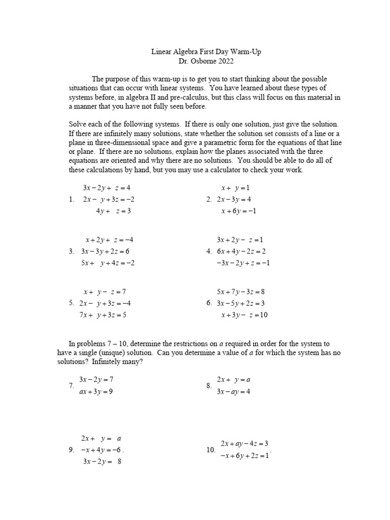 Linear Systems Warm-Up Exercises | PDF