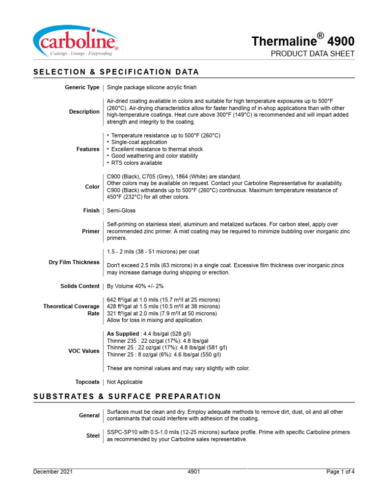 Thermaline 4900 Product Data Sheet | PDF | Shelf Life | Paint