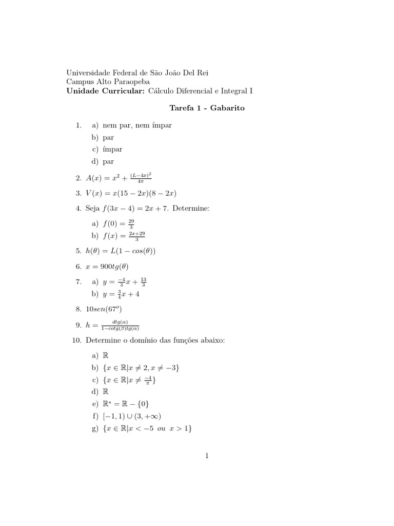Gabarito Tarefa 1 | PDF