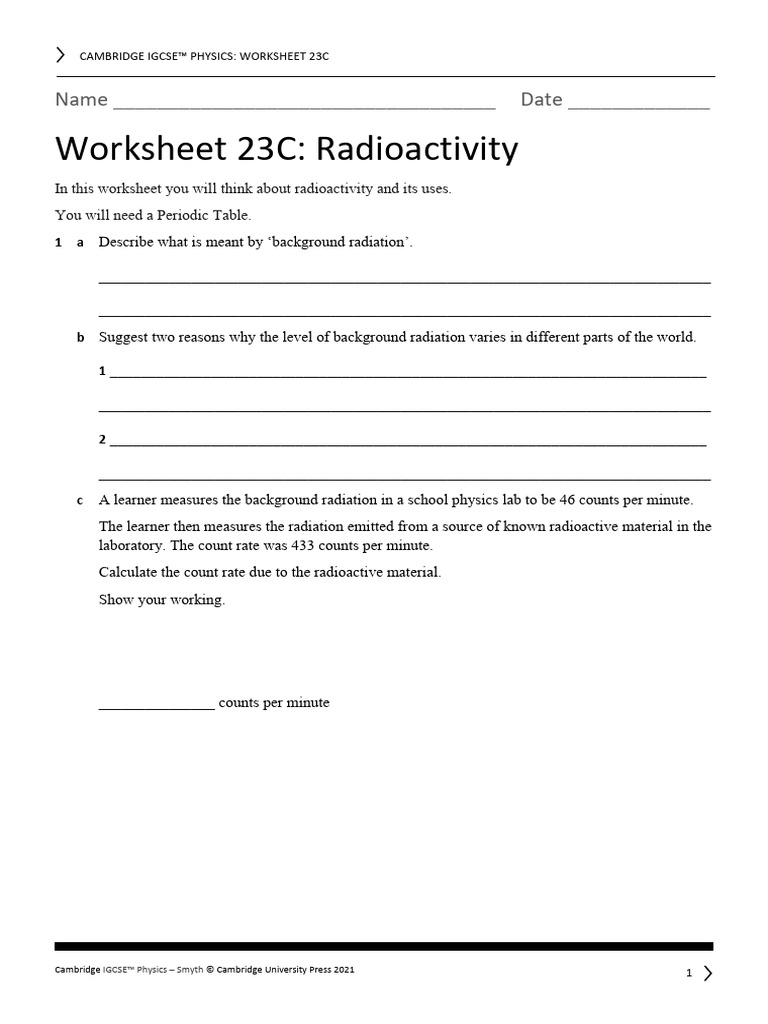 Igcse Physics 3ed TR Ws 23c | PDF | Radioactive Decay | Radiation