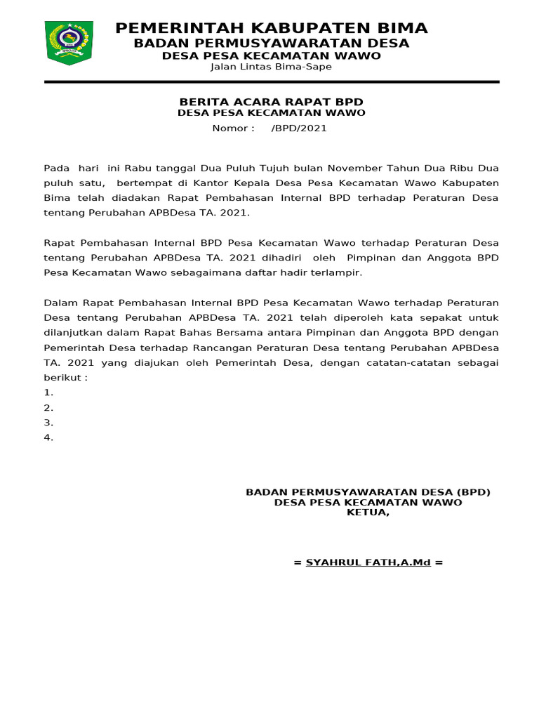 Contoh Berita Acara Rapat BPD TTG Pembahasan Internal BPD | PDF