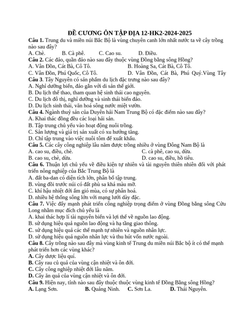 ĐỀ CƯƠNG ÔN TẬP HK2 ĐỊA 12 2024 2025 | PDF