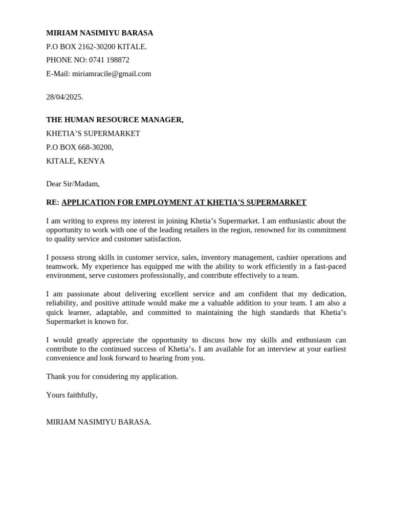 MIRIAM NASIMIYU BARASA Cover Letter Job | PDF