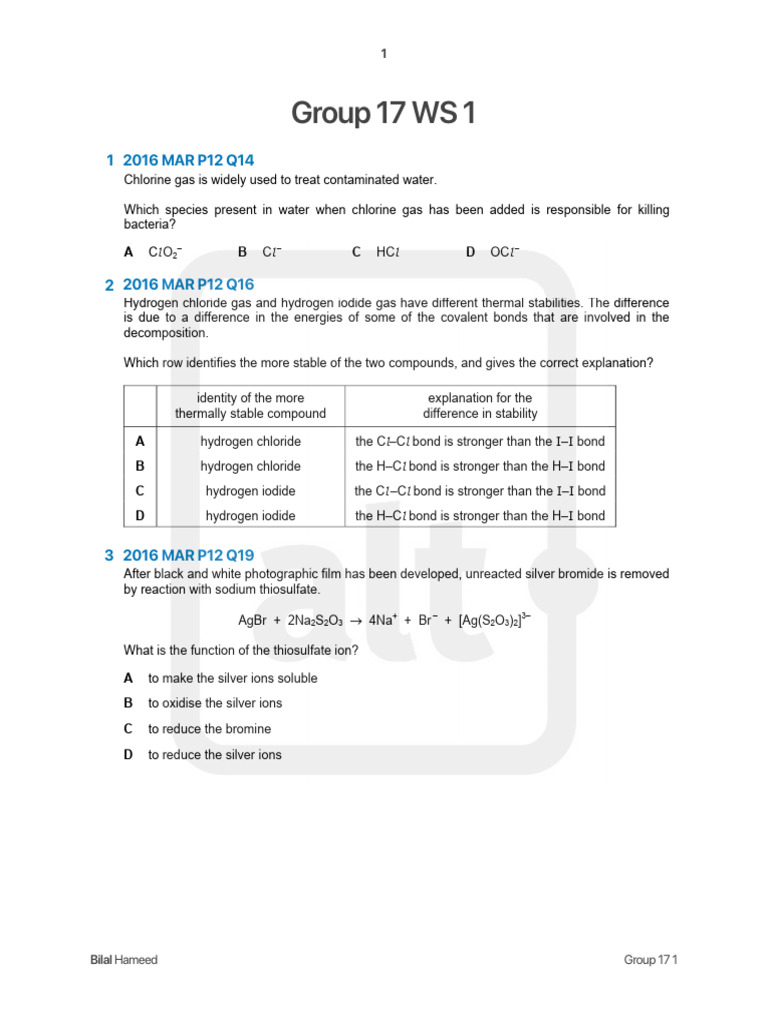 Group 17 WS Merged | PDF | Chlorine | Iodine