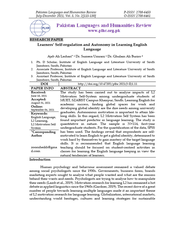 Learners Self Regulation and Autonomy in Learning English Language | PDF | Second Language | Fluency