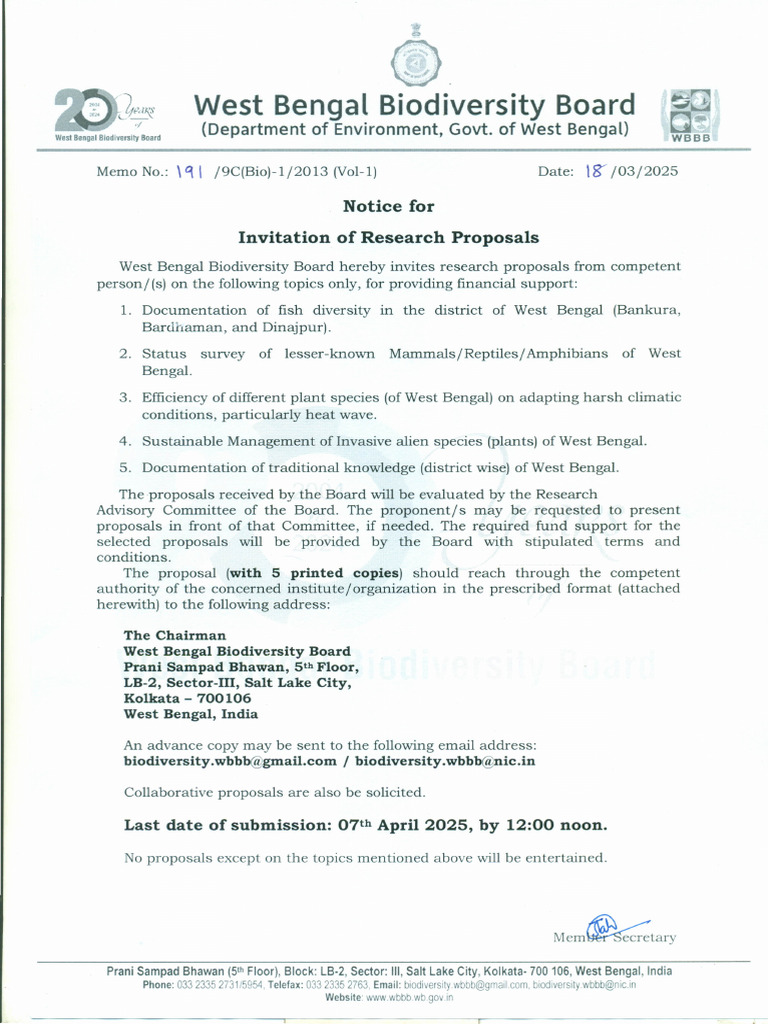 Research Proposals Invitation by WBBB | PDF