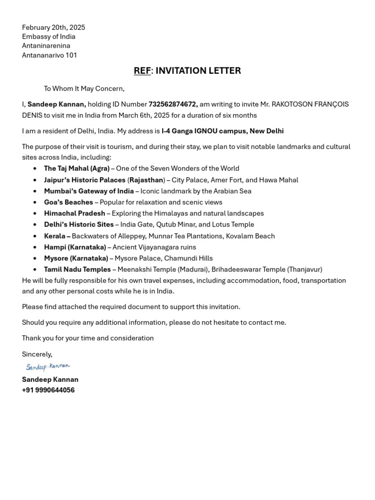 Denis Invitation Letter For Visa | PDF