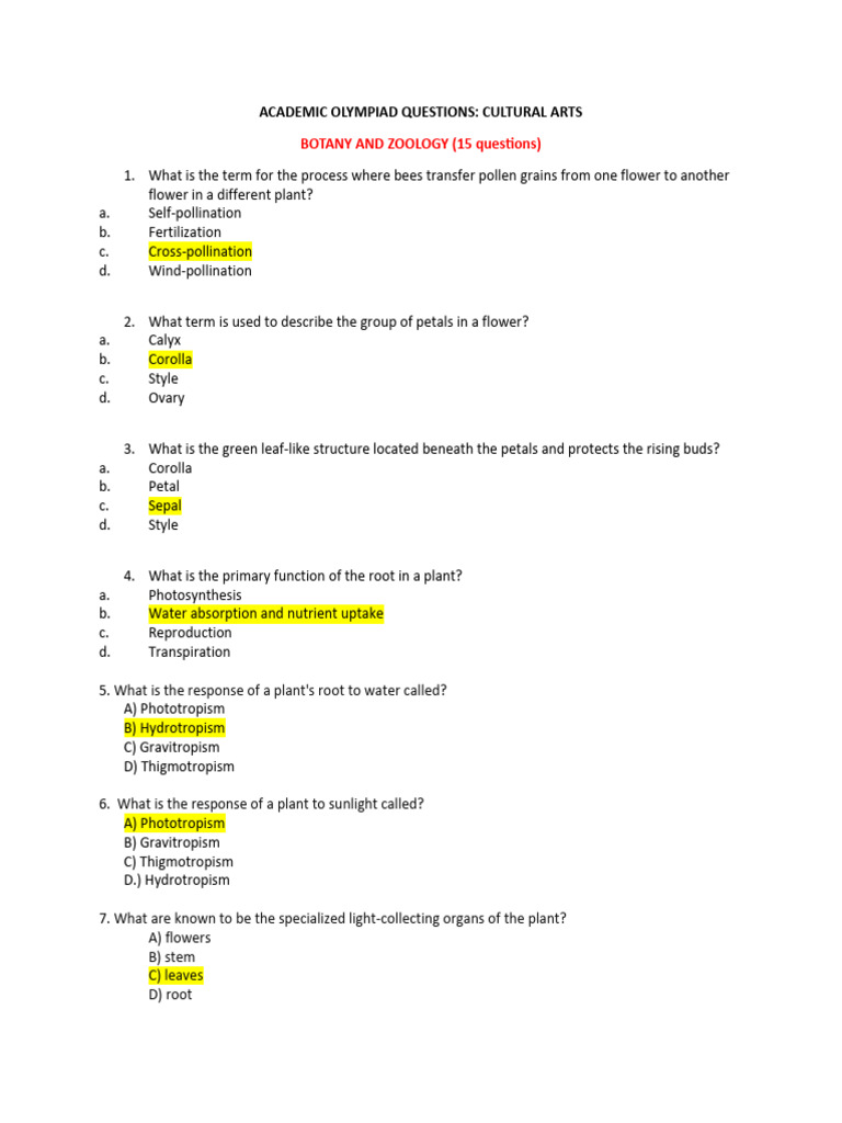 Academic Olympiad: Botany & Zoology Questions | PDF