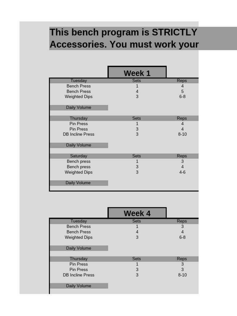 Bench Press Specialization Program | PDF | Weight Training | Weight